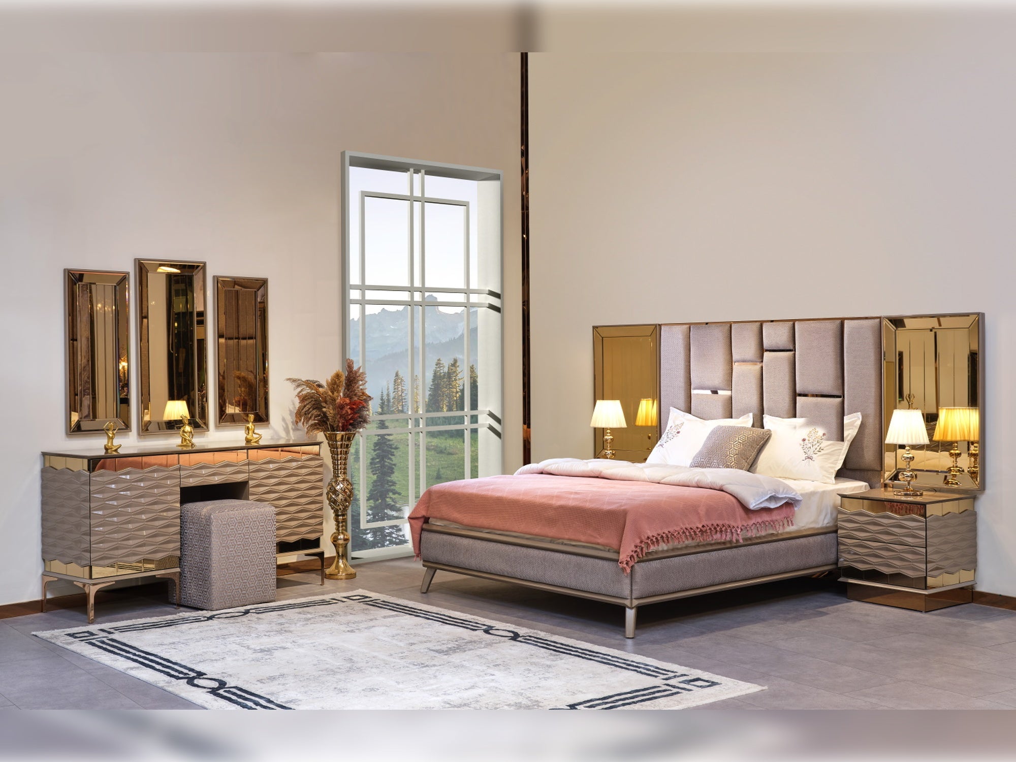 Elite Bedroom (Queen Frame With Headboard & Dresser With Mirror & 2 Ni